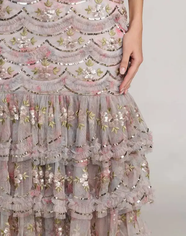 Mac Duggal Floral-print Sleeveless Sequin Tiered Ruffle Midi Dress