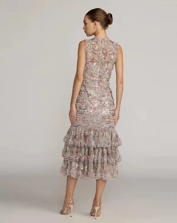 Mac Duggal Floral-print Sleeveless Sequin Tiered Ruffle Midi Dress
