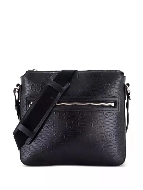 Gucci Front Zip Messenger Gg Embossed Perforated Leather Small Crossbody Bag