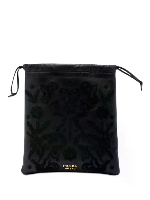 Prada Embroidered Leather Drawstring Pouch