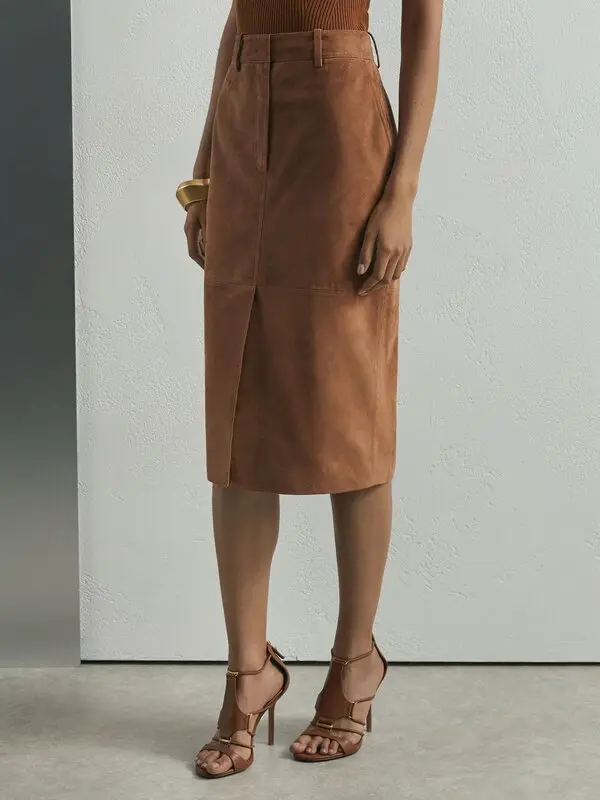 ATELIER Suede Pencil Midi Skirt