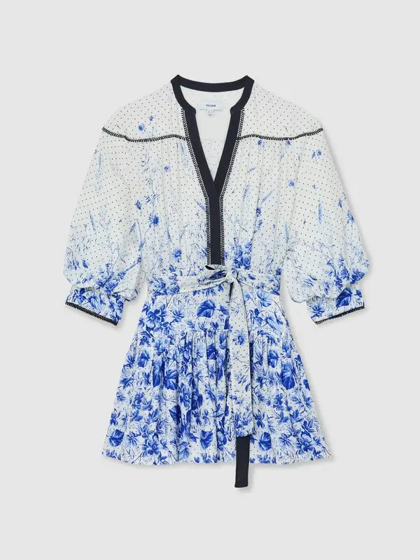 REISS Anisa Floral-print Belted Mini Dress - Ivory/blue