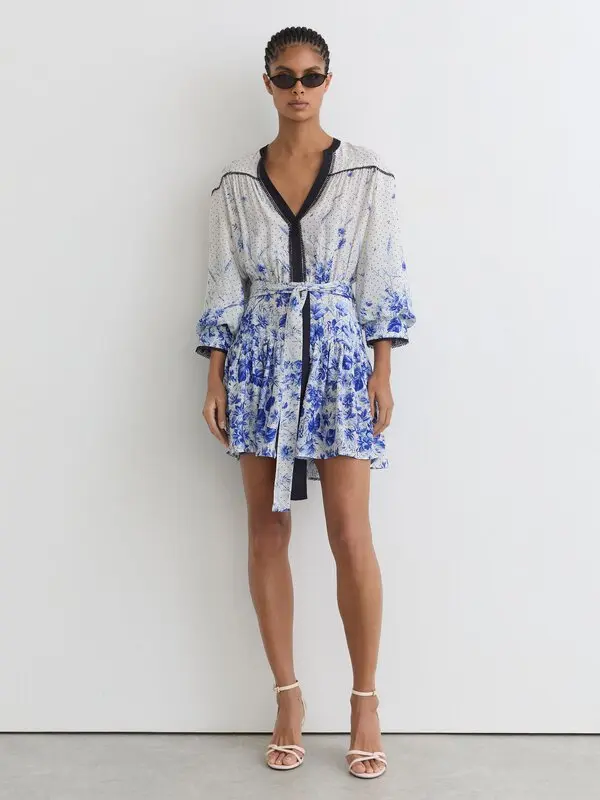 REISS Anisa Floral-print Belted Mini Dress - Ivory/blue