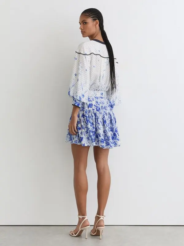 REISS Anisa Floral-print Belted Mini Dress - Ivory/blue