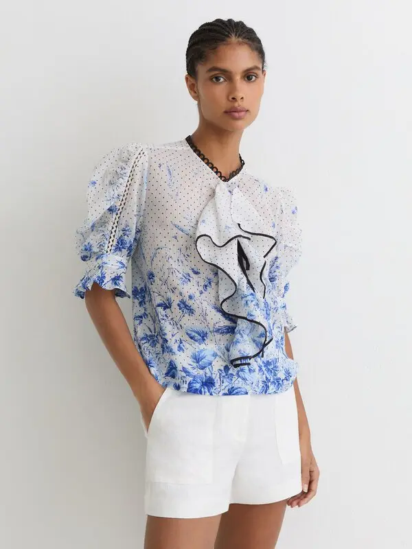 REISS Floral-print Ruffle Blouse - Ivory/blue