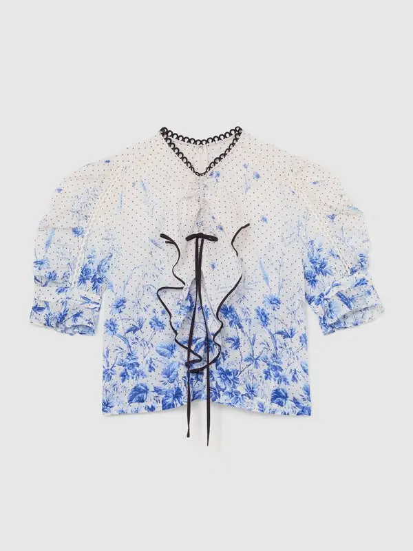 REISS Floral-print Ruffle Blouse - Ivory/blue
