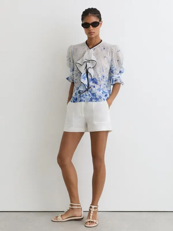 REISS Floral-print Ruffle Blouse - Ivory/blue