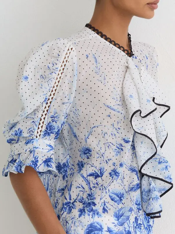 REISS Floral-print Ruffle Blouse - Ivory/blue