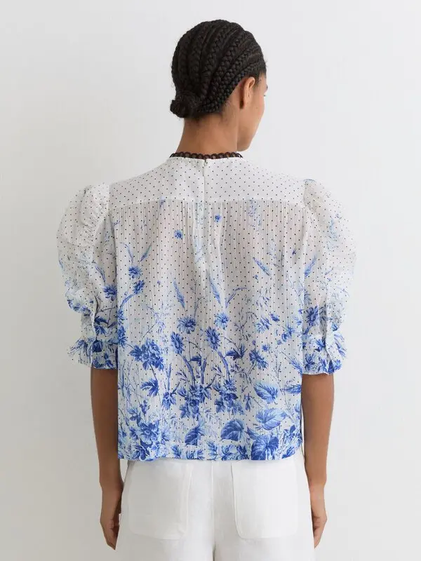 REISS Floral-print Ruffle Blouse - Ivory/blue