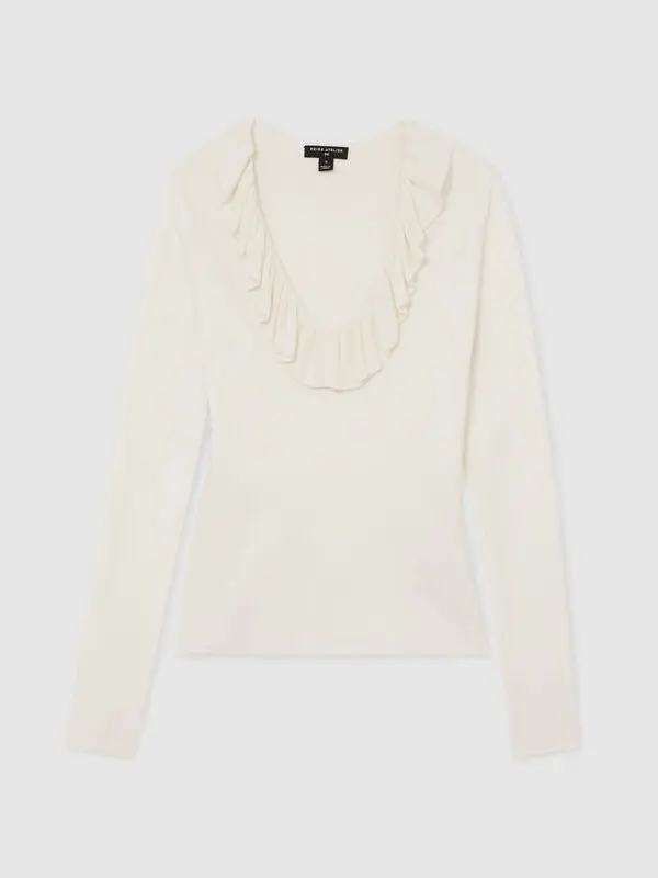ATELIER Silk-blend Knit Top With Ruffle V-neckline