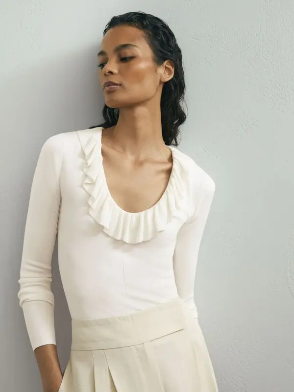 ATELIER Silk-blend Knit Top With Ruffle V-neckline