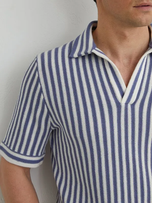 REISS Alba Cotton-blend Stripe Knit Polo Shirt - Blue/ Off White