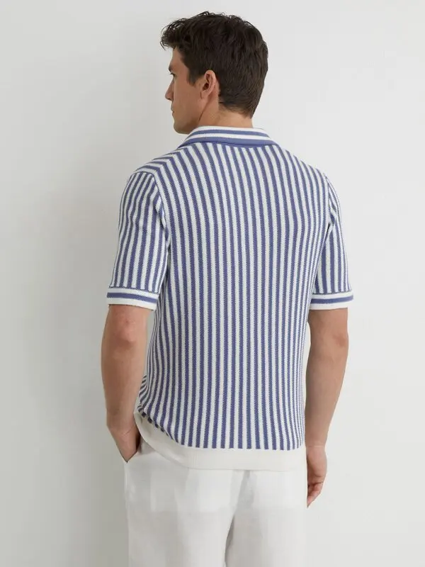REISS Alba Cotton-blend Stripe Knit Polo Shirt - Blue/ Off White