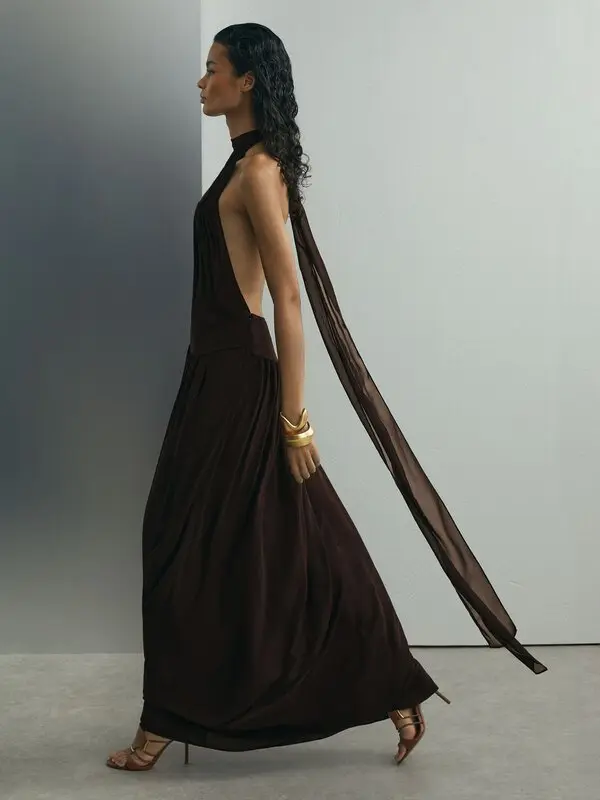ATELIER Chiffon Draped Halterneck Maxi Dress