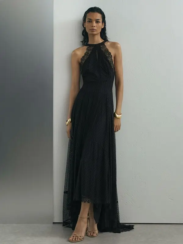 ATELIER Lace-trim Striped Mesh Maxi Dress