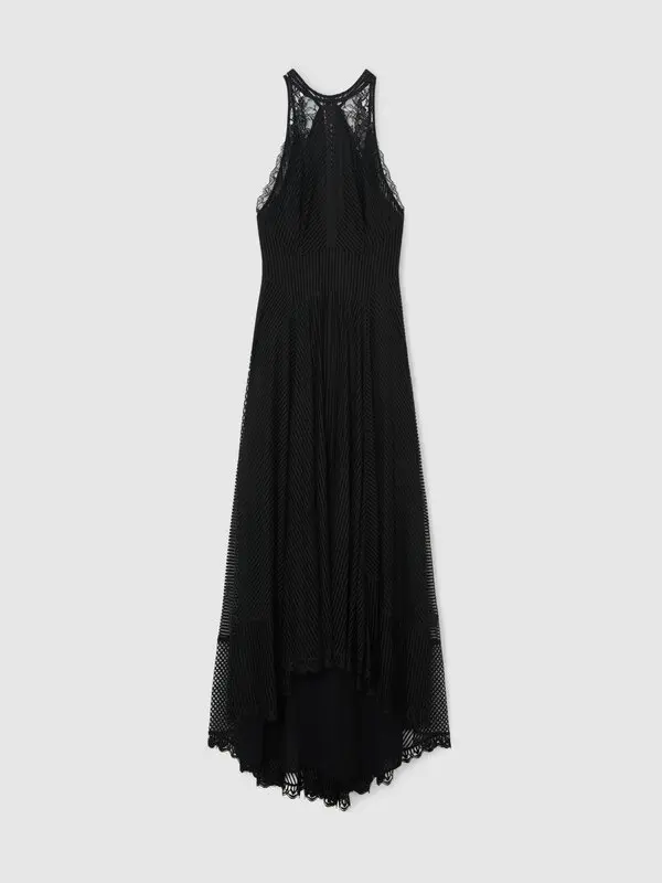 ATELIER Lace-trim Striped Mesh Maxi Dress