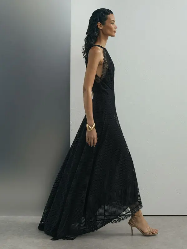 ATELIER Lace-trim Striped Mesh Maxi Dress