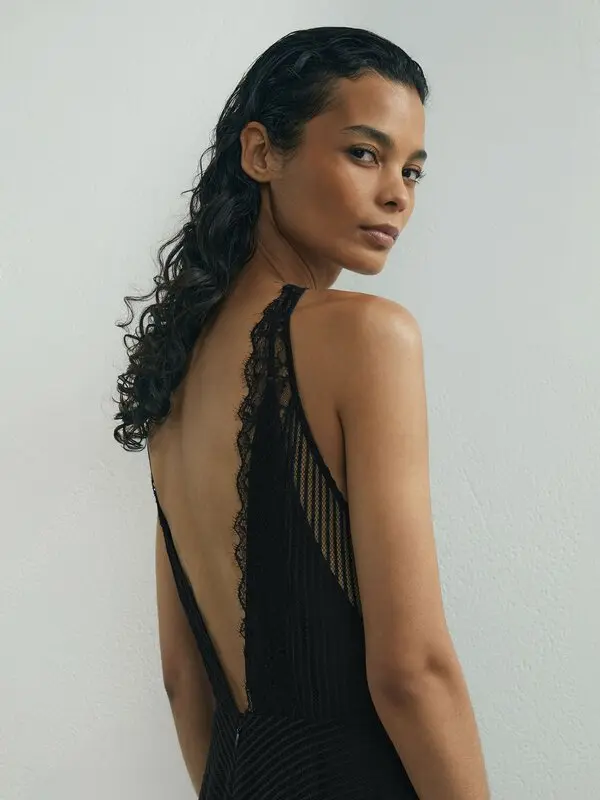 ATELIER Lace-trim Striped Mesh Maxi Dress