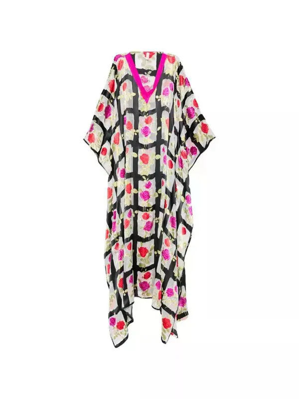 DOLCI FOLLIE Rose-pattern Grid Maxi Kaftan - Black