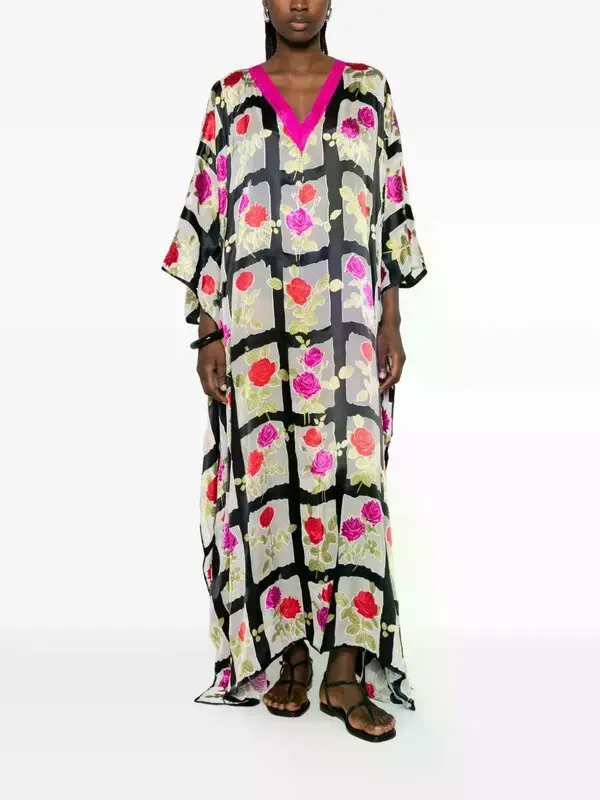 DOLCI FOLLIE Rose-pattern Grid Maxi Kaftan - Black