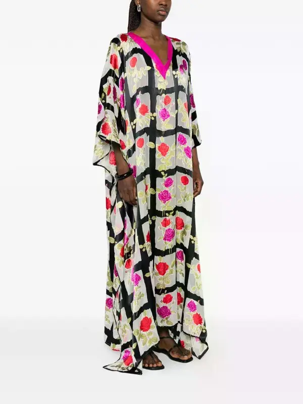 DOLCI FOLLIE Rose-pattern Grid Maxi Kaftan - Black