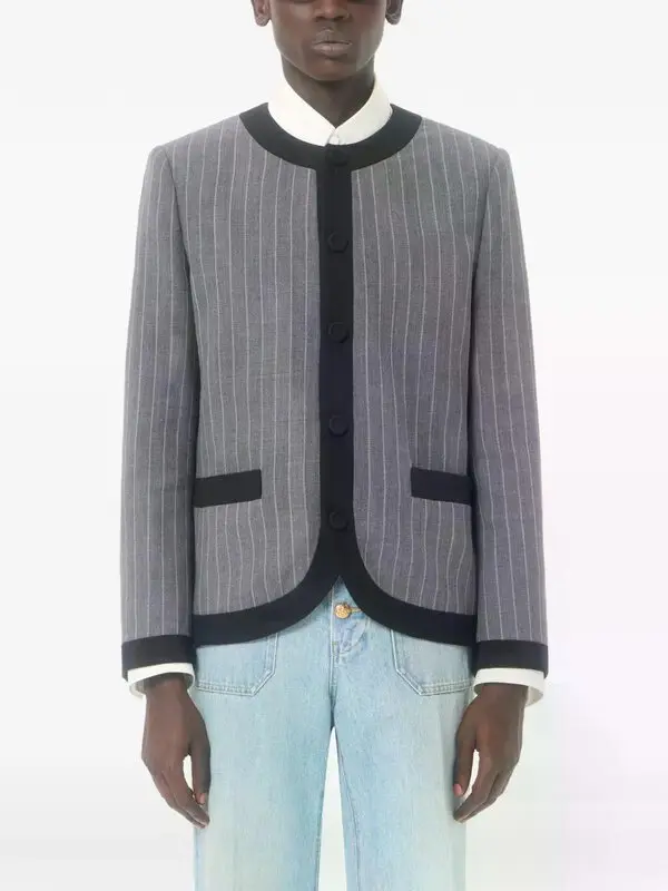 Valentino Garavani Pinstripe Wool Band Collar Jacket - Grey