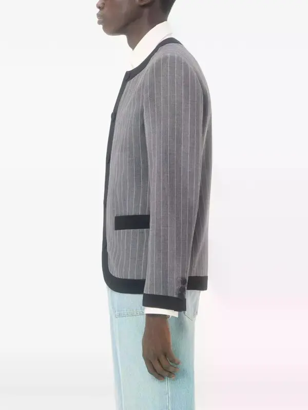 Valentino Garavani Pinstripe Wool Band Collar Jacket - Grey