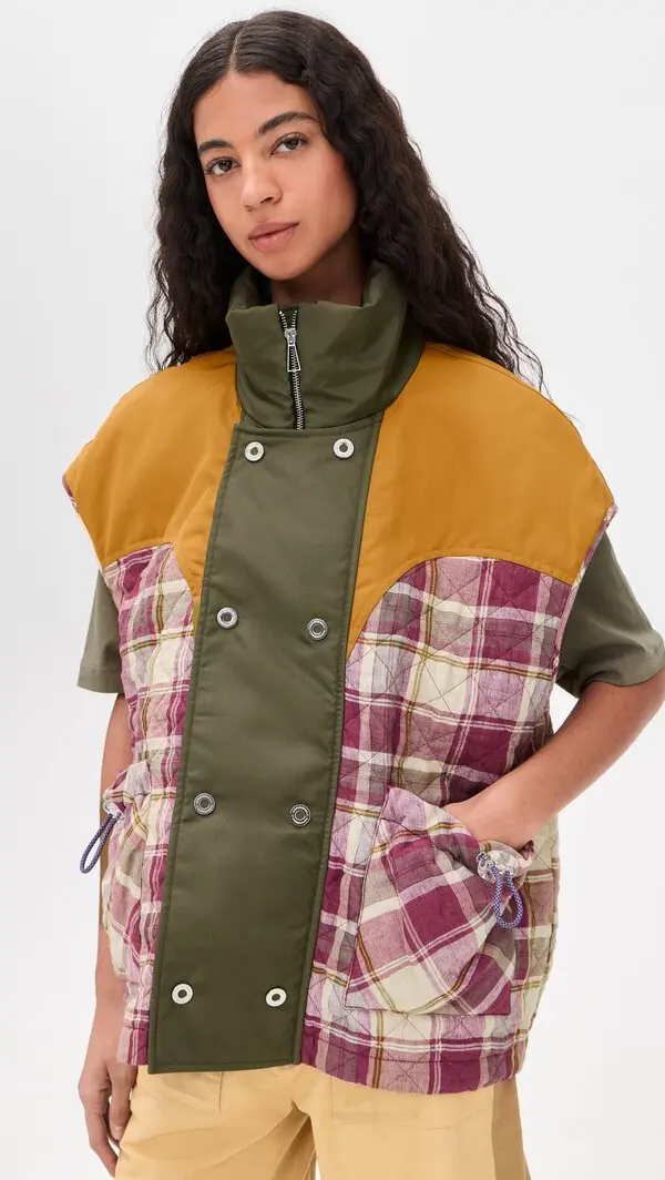 MARBELL Kate Vest Quilted Plaid Sleeveless With Funnel Neck - Red Smoothie