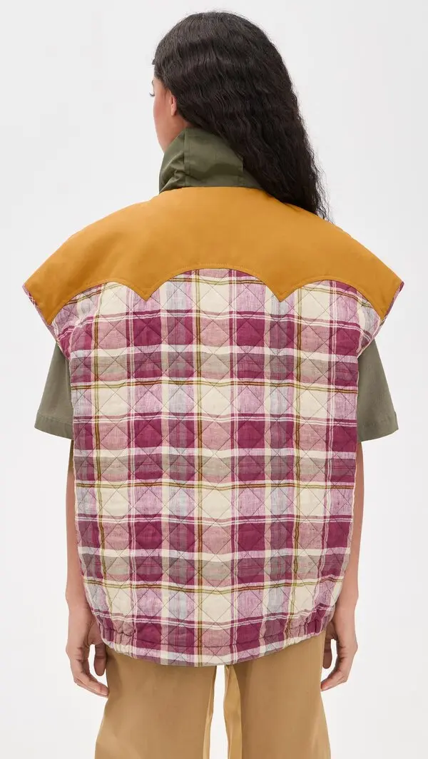 MARBELL Kate Vest Quilted Plaid Sleeveless With Funnel Neck - Red Smoothie