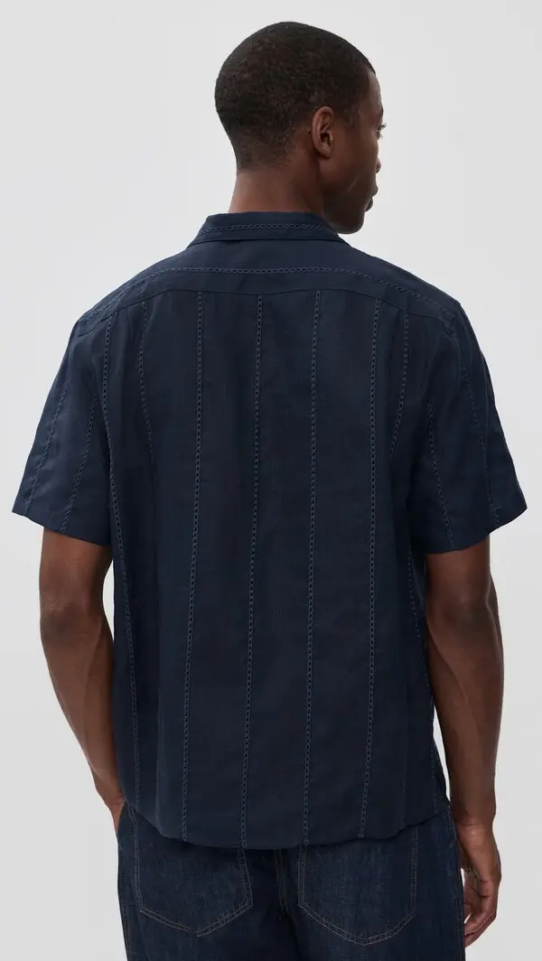 Vince Linen Eyelet Stripe Short Sleeve Cabana Shirt - Coastal