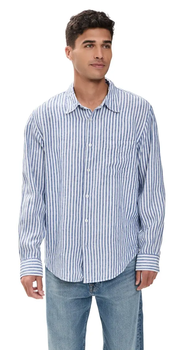 Madewell Long Sleeve Linen Top - Blue Stripe