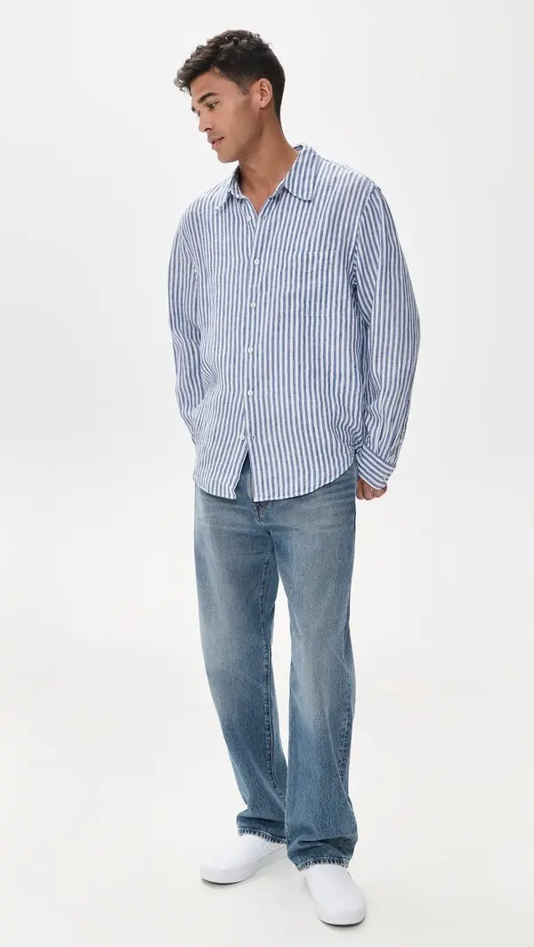 Madewell Long Sleeve Linen Top - Blue Stripe