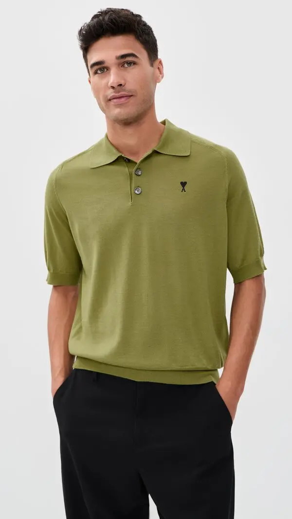 AMI Paris Short Sleeve Sweater Polo - Matcha/noir