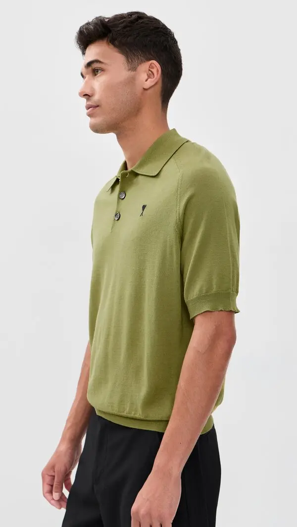 AMI Paris Short Sleeve Sweater Polo - Matcha/noir