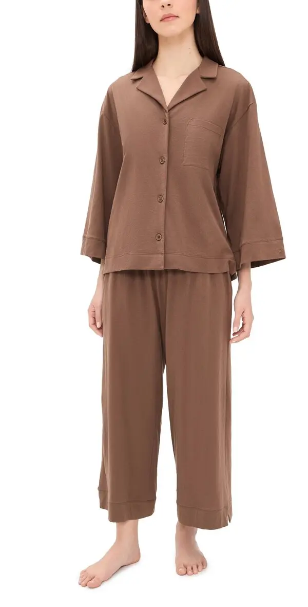 PETITE PLUME Olivia Wide Leg Pima Cotton Pajamas - Brown