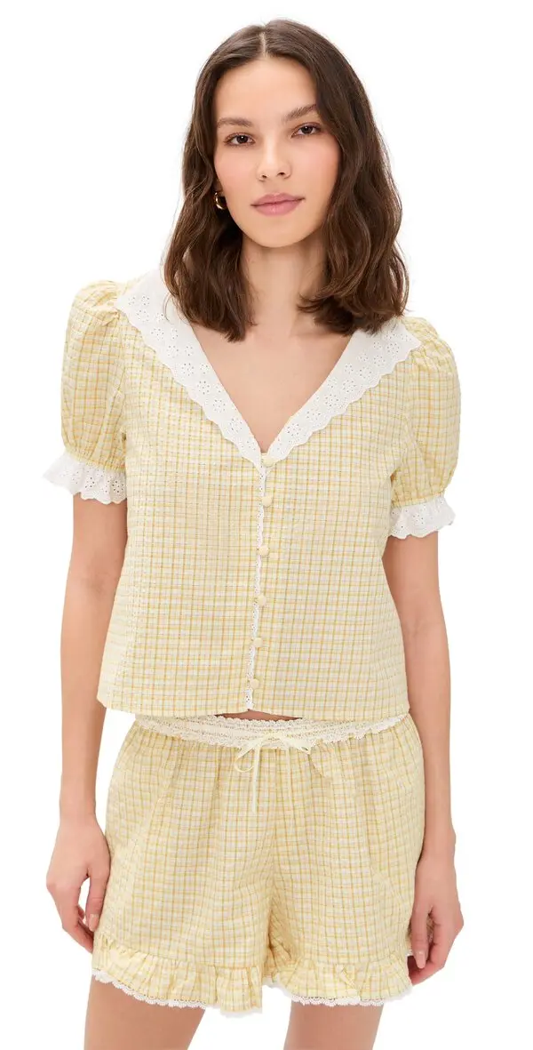 WAYF Emma Plaid Seersucker V-neck Top