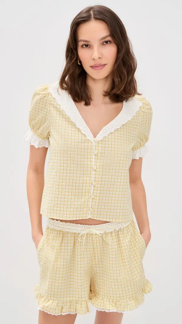 WAYF Emma Plaid Seersucker V-neck Top