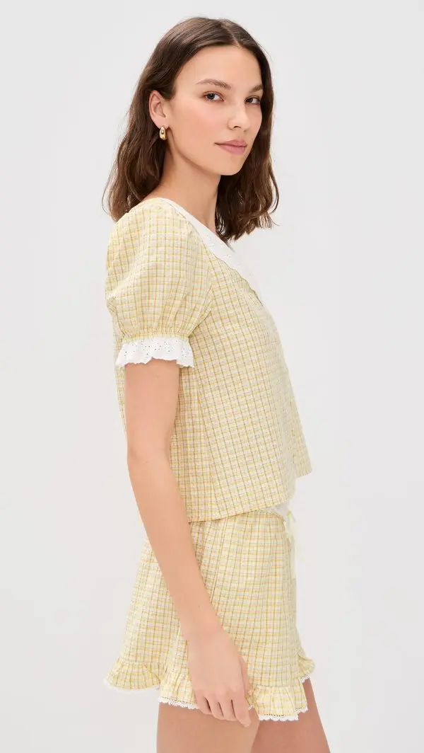 WAYF Emma Plaid Seersucker V-neck Top