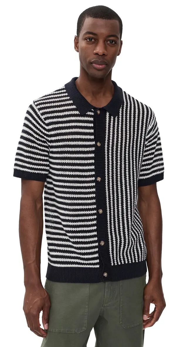Onia Linen Crochet Button-up Sweater - Midnight/egret