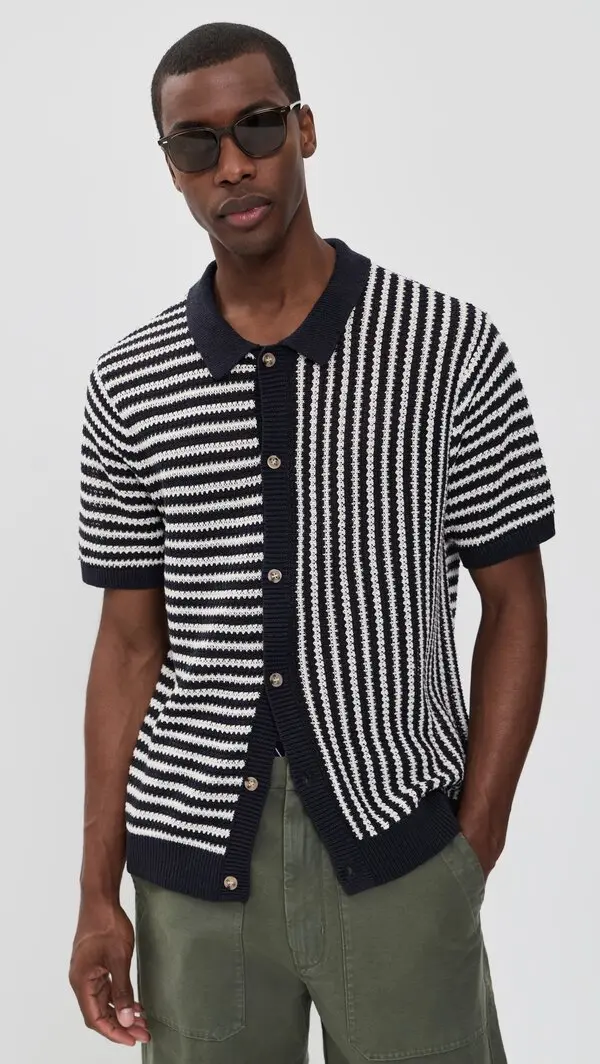 Onia Linen Crochet Button-up Sweater - Midnight/egret
