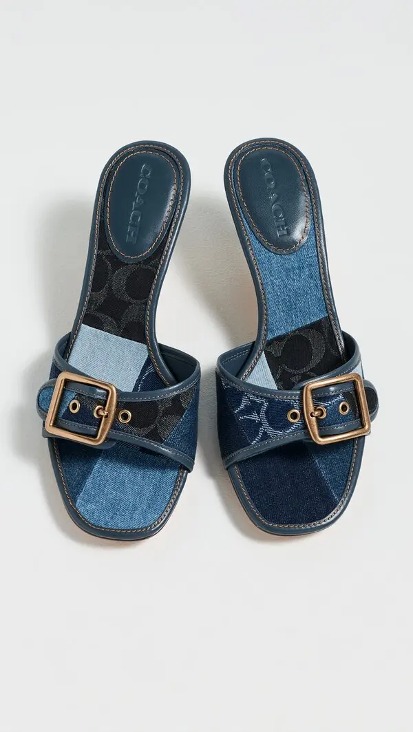 COACH Margot Denim Patchwork Sandals With Gold-tone Buckle - Denim Multi