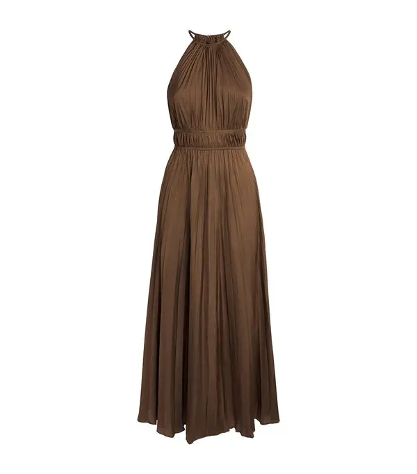 Maje Satin Pleated Maxi Dress - Brown