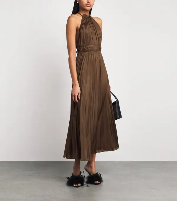 Maje Satin Pleated Maxi Dress - Brown