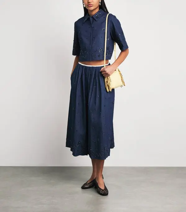 Maje Embellished Denim Midi Skirt - Blue