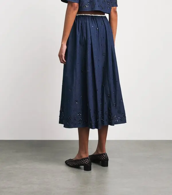 Maje Embellished Denim Midi Skirt - Blue