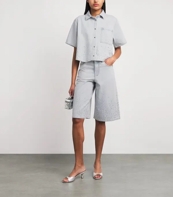 Maje Embellished Denim Bermuda Shorts - Blue