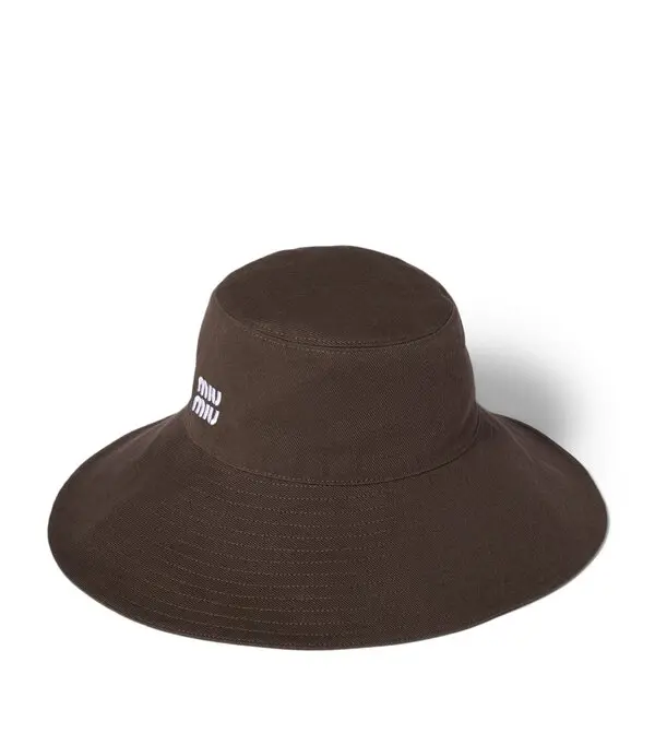 Miu Miu Cotton Bucket Hat With Logo - Brown