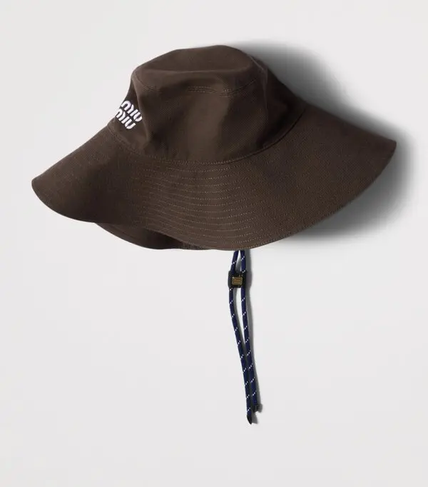 Miu Miu Cotton Bucket Hat With Logo - Brown