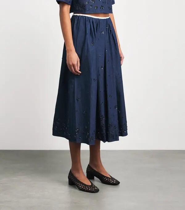 Maje Embellished Denim Midi Skirt - Blue
