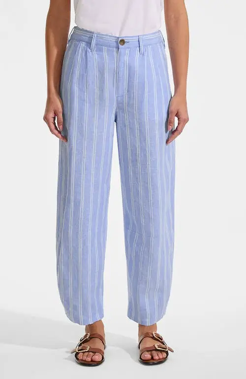 LANDS' END Linen High Rise Pleated Barrel Leg Trousers - Clear Blue Sky Double Stripe